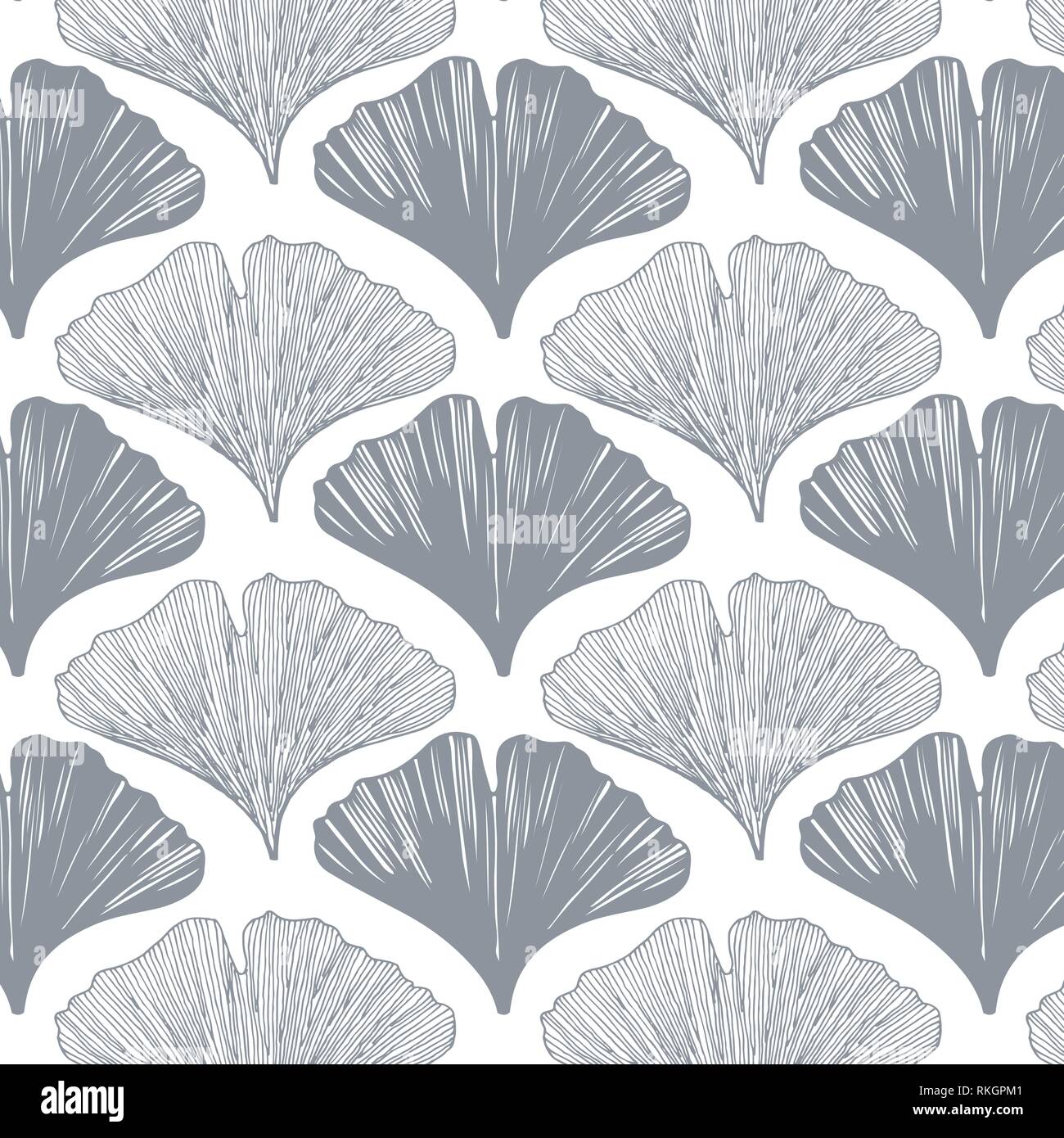 Hand drawn ginkgo leaves vector pattern in gray colors palette on a ...