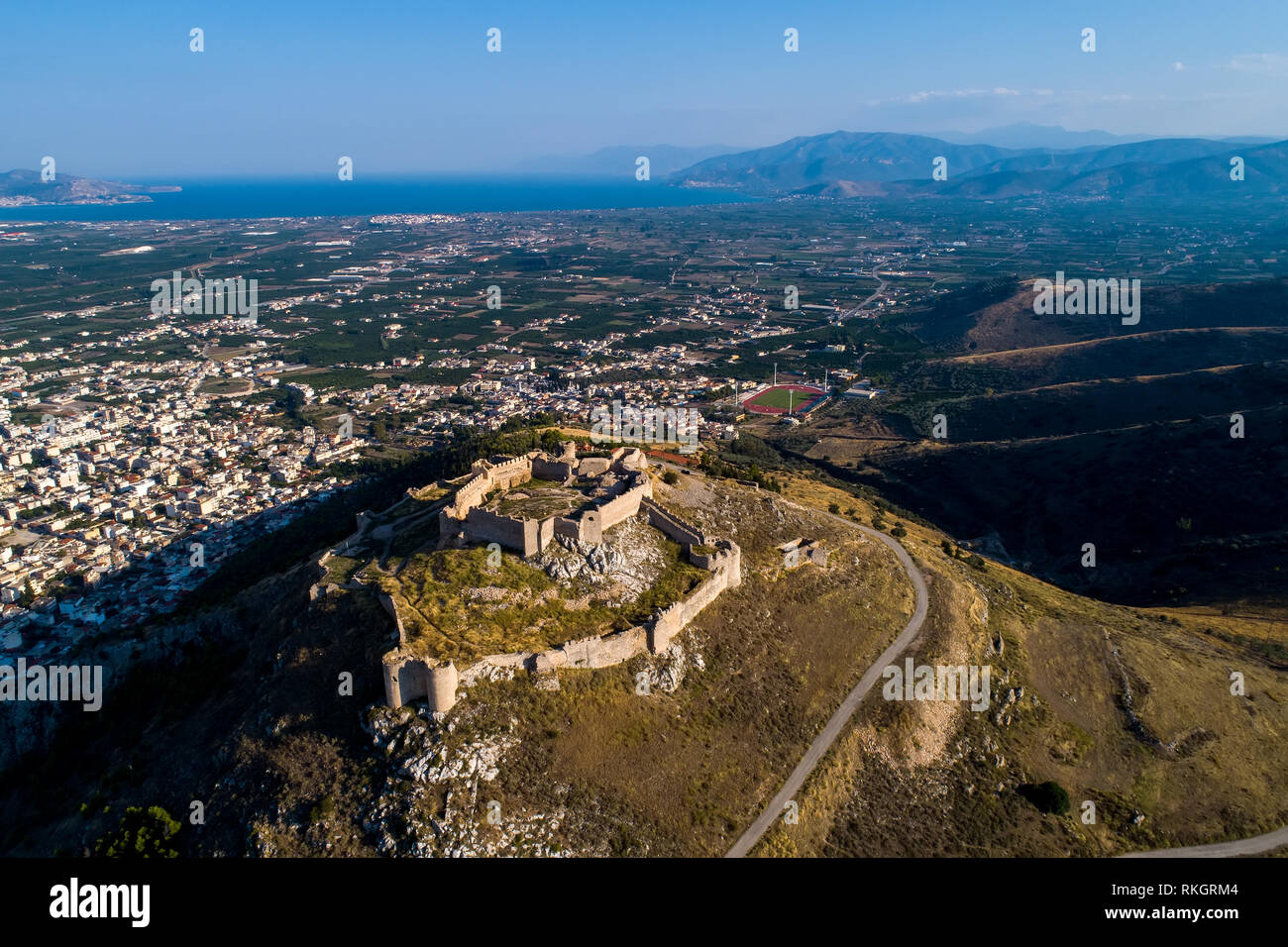 aerial view of Larisa castle in Argos city at Peloponnese peninsula ...