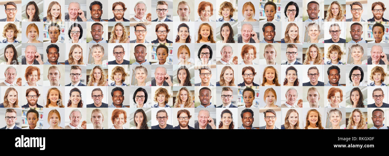 Panorama indoor portrait collage of people of different ages as a ...