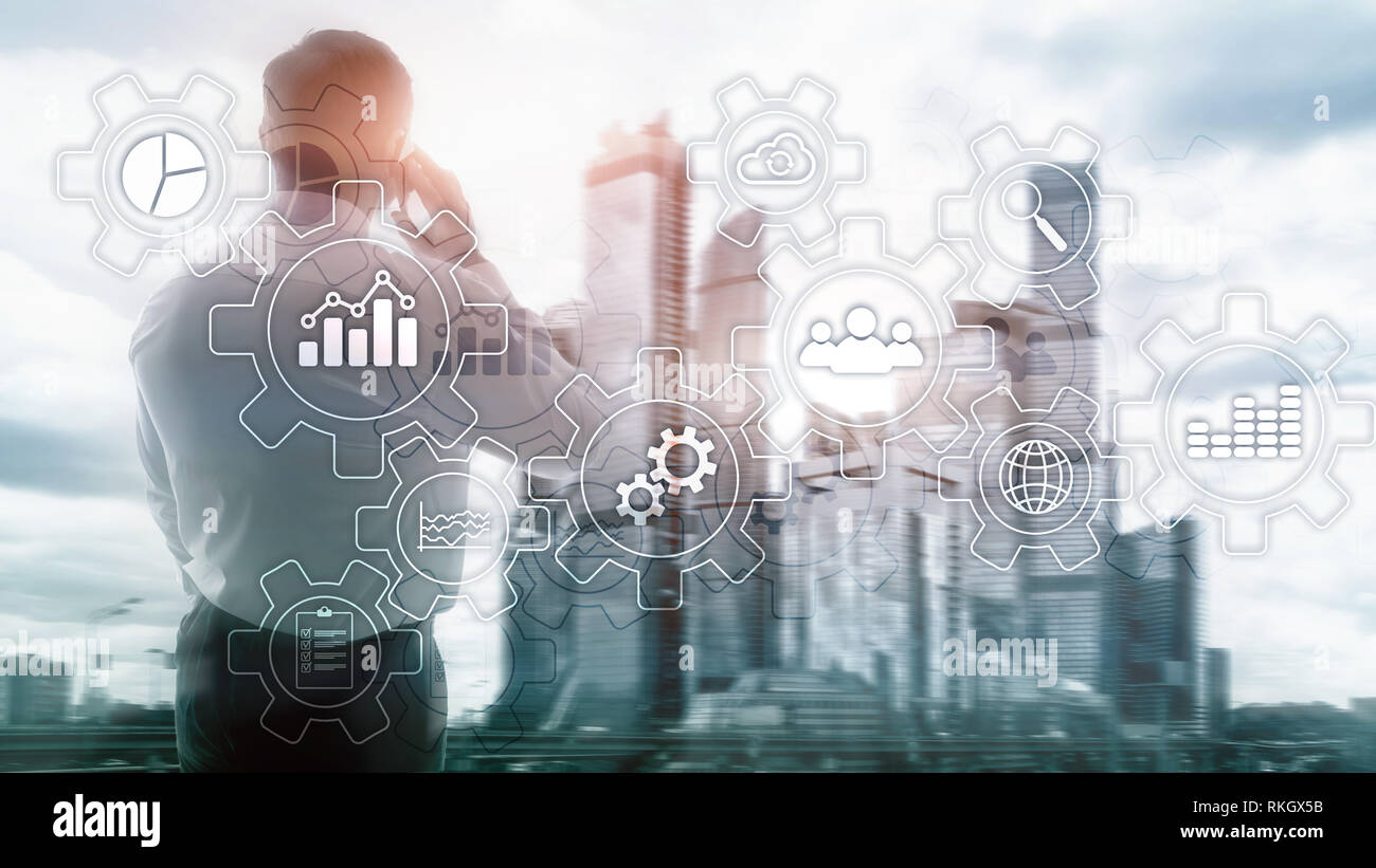 Business process abstract diagram with gears and icons. Workflow and ...