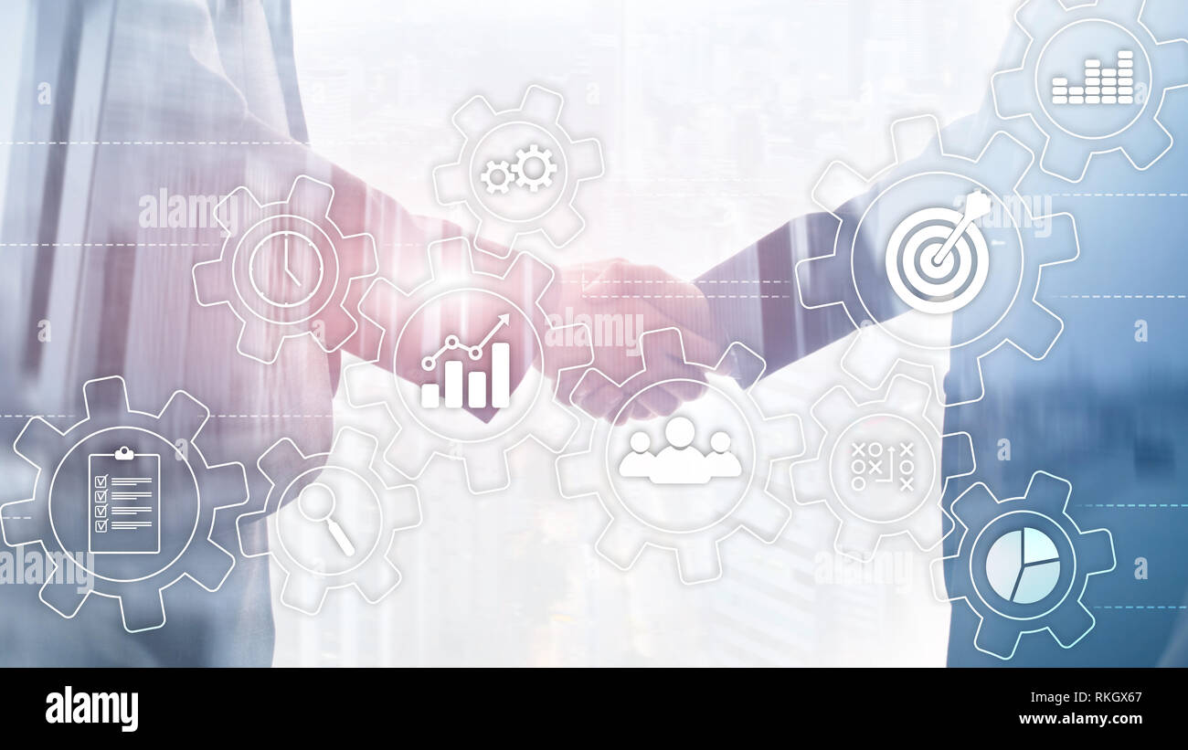 Business process automation concept. Gears and icons on abstract ...