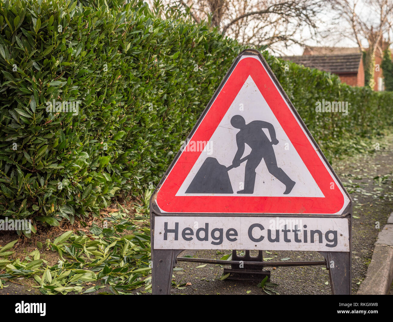 day view hedge cutting warning sign in English town Stock Photo - Alamy