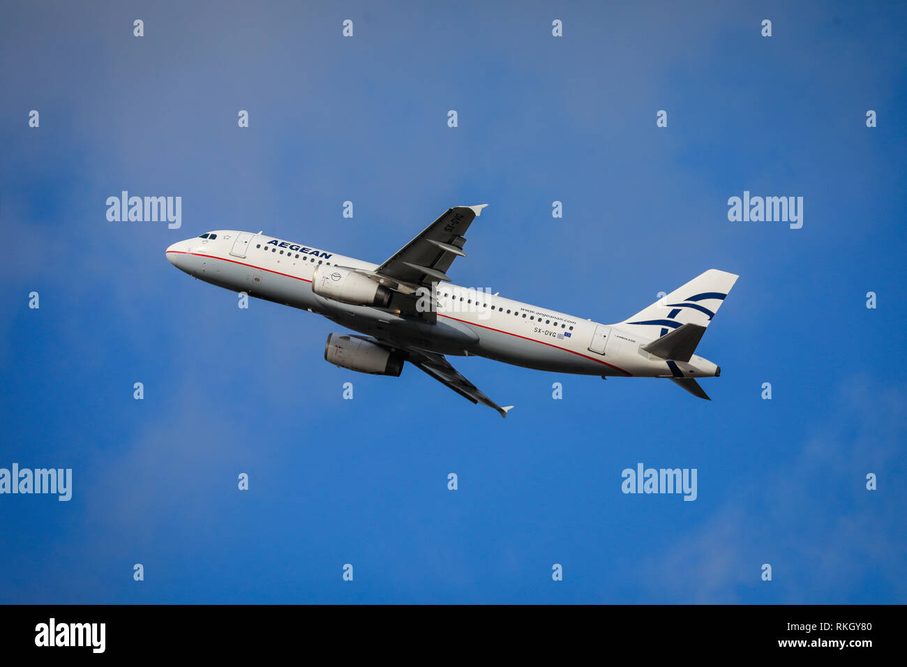 Duesseldorf, North Rhine-Westphalia, Germany - AEGEAN aircraft take off ...