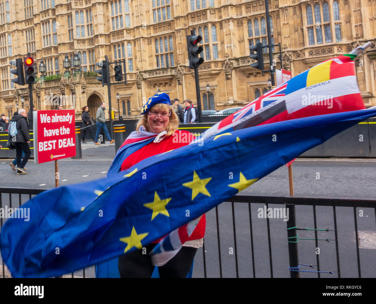 Remain supporter waving flag outside British Parliament in London Stock ...
