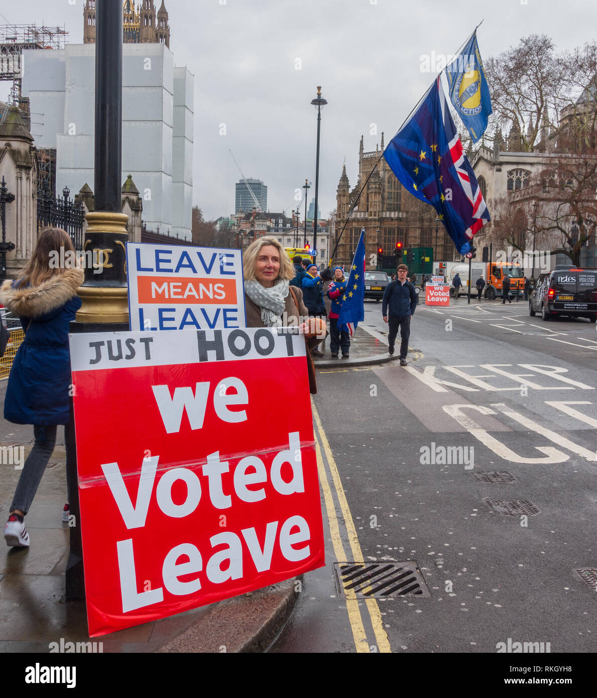 Pro-Brexit campaigner demonstrating outside Parliament in London Stock ...