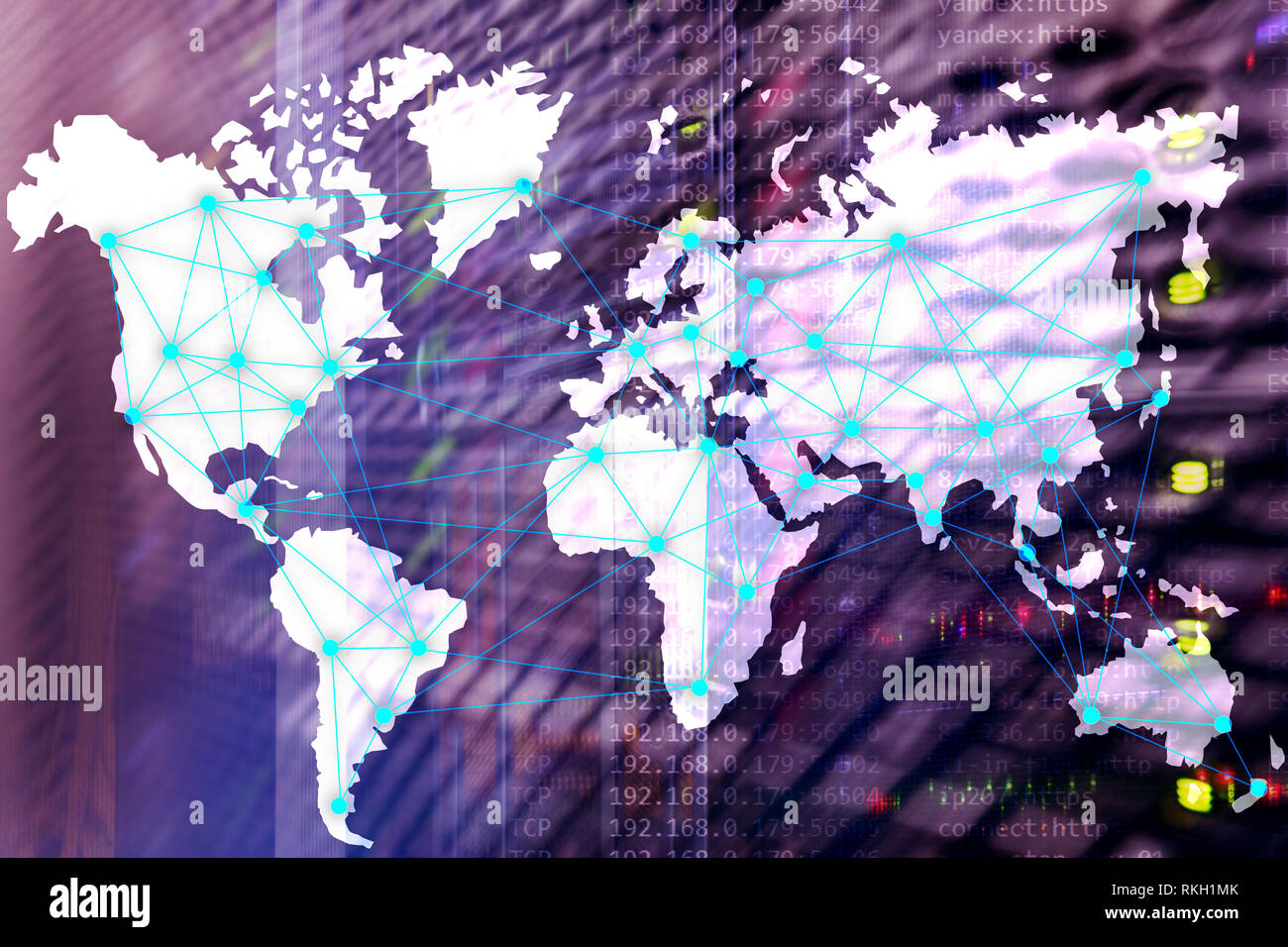 Internet and telecommunication concept with world map on server room ...