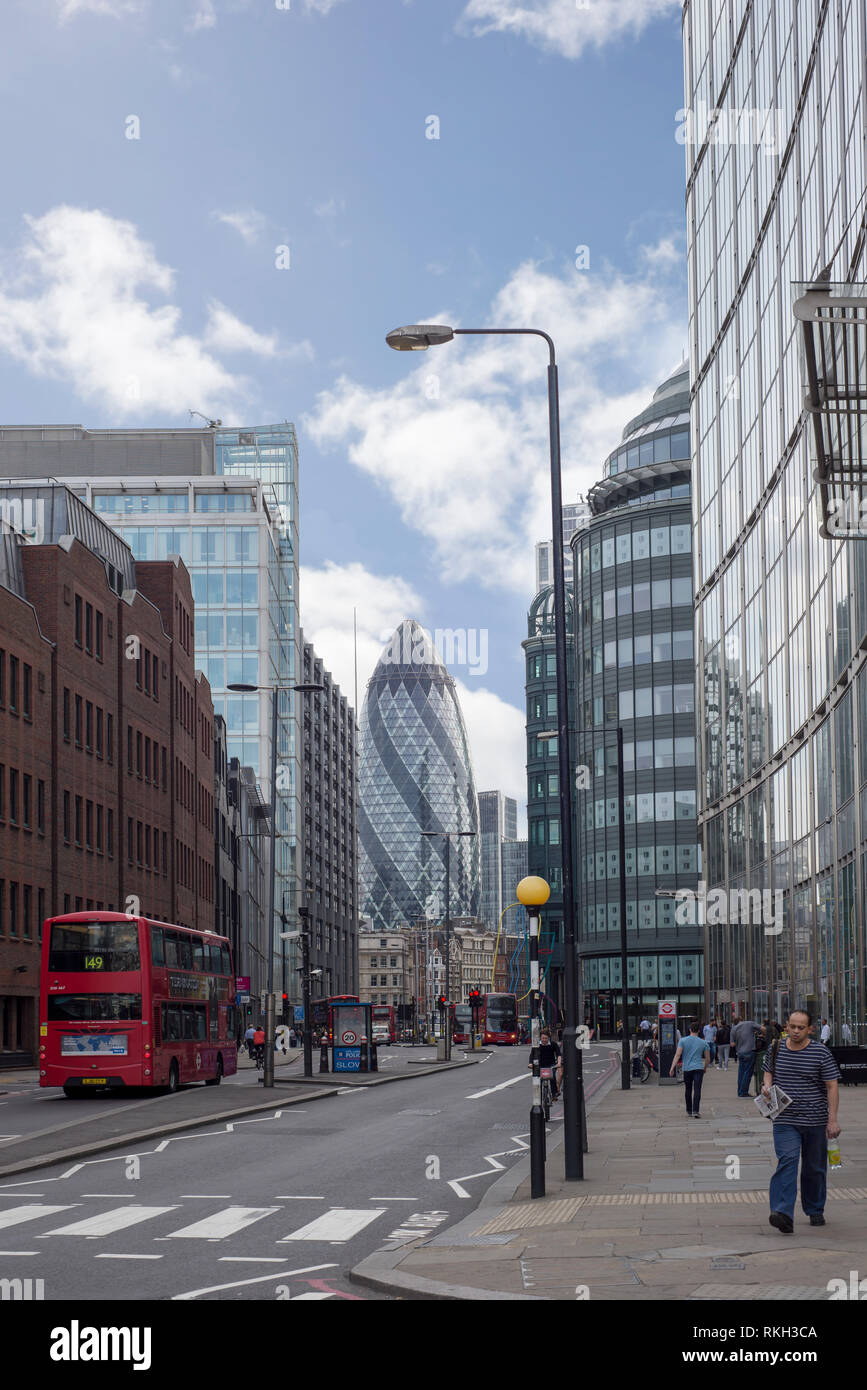 london red bus and city buildings with street Stock Photo - Alamy