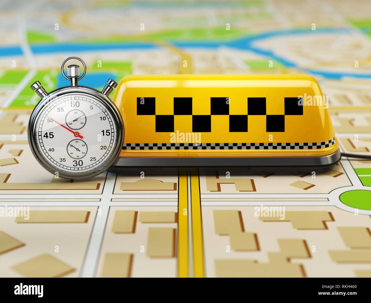 Taxi sign on the city map with stopwatch. Concept of taxi online ...