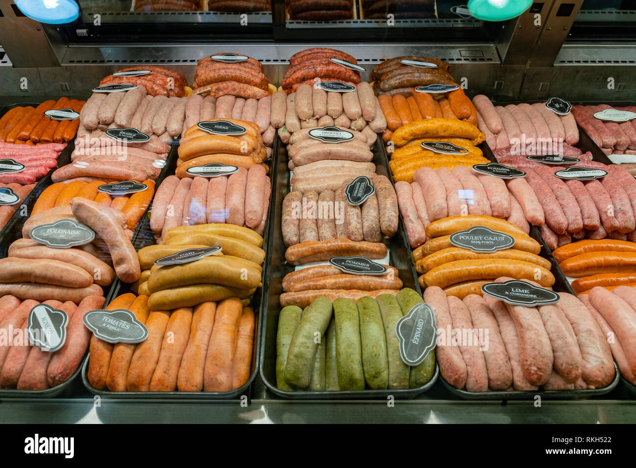 Close up shot of fresh colorful sausage at Montreal, Canada Stock Photo ...