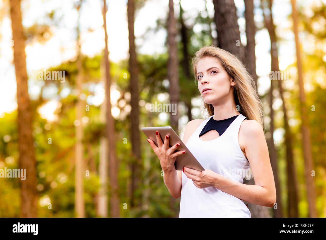 Beautiful model using tablet. Background of blurred forest with sunset ...