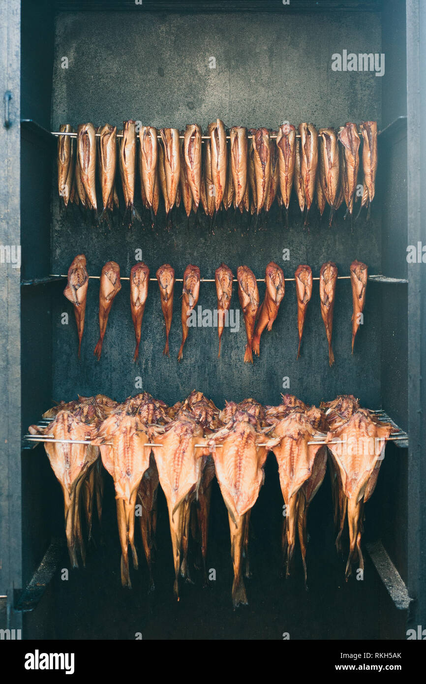 Rows of fishes in smoking chamber. Close up of smoking process of fresh ...