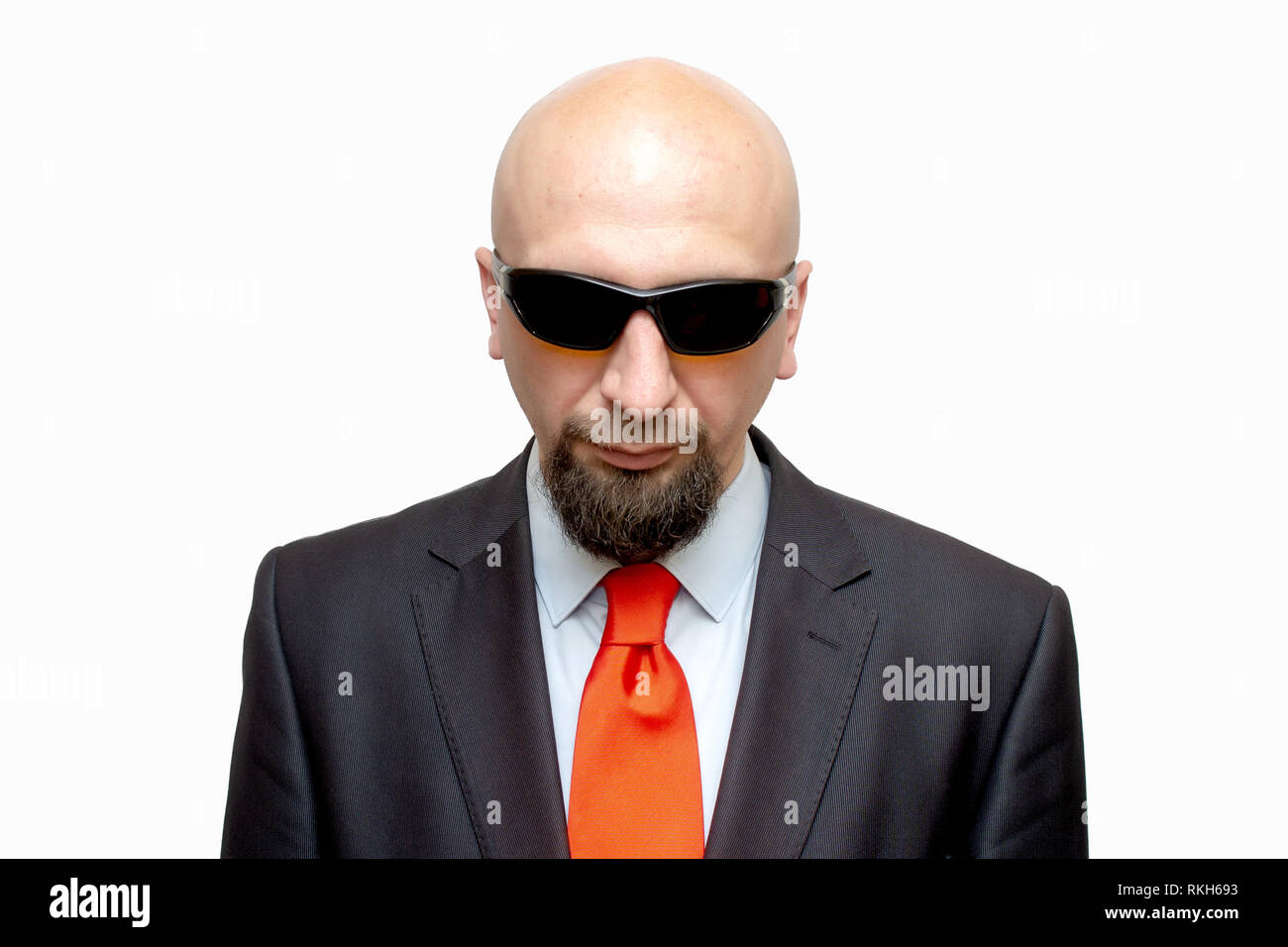 Bald man in dark glasses on white background, isolate, special agent ...
