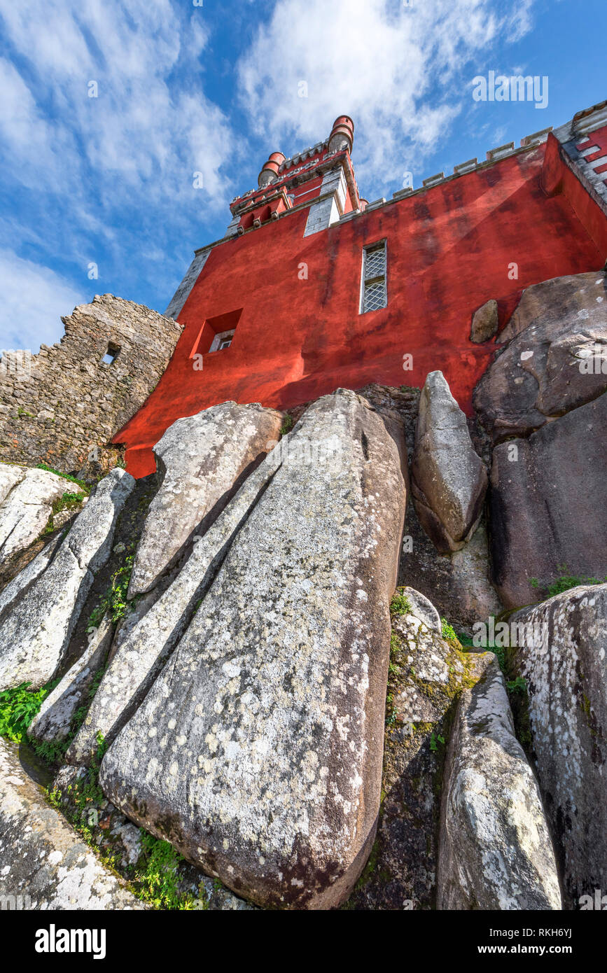 Red walls of Pena palace. Portugal Stock Photo - Alamy