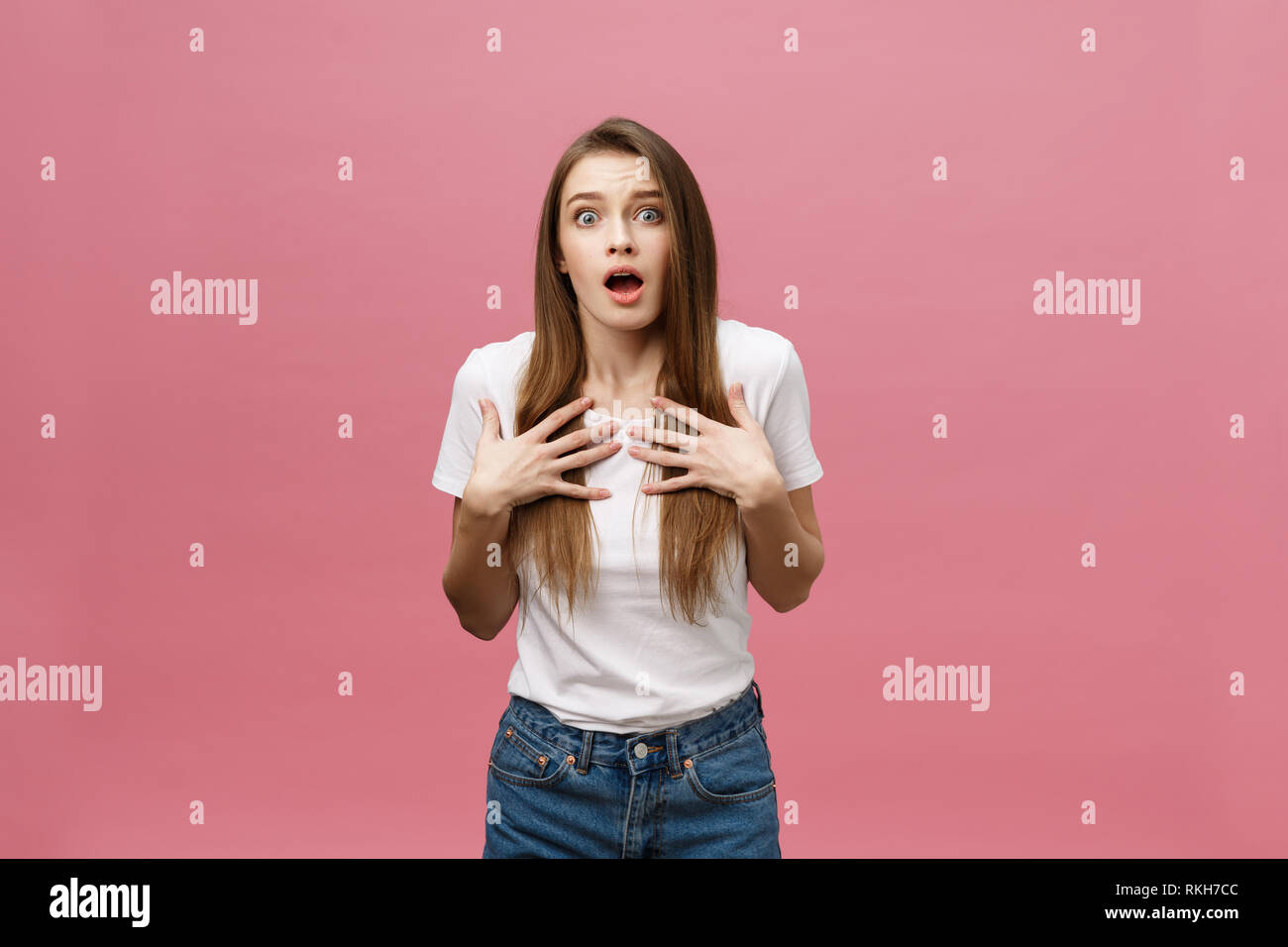Surprised happy beautiful woman looking in excitement. Isolate over ...