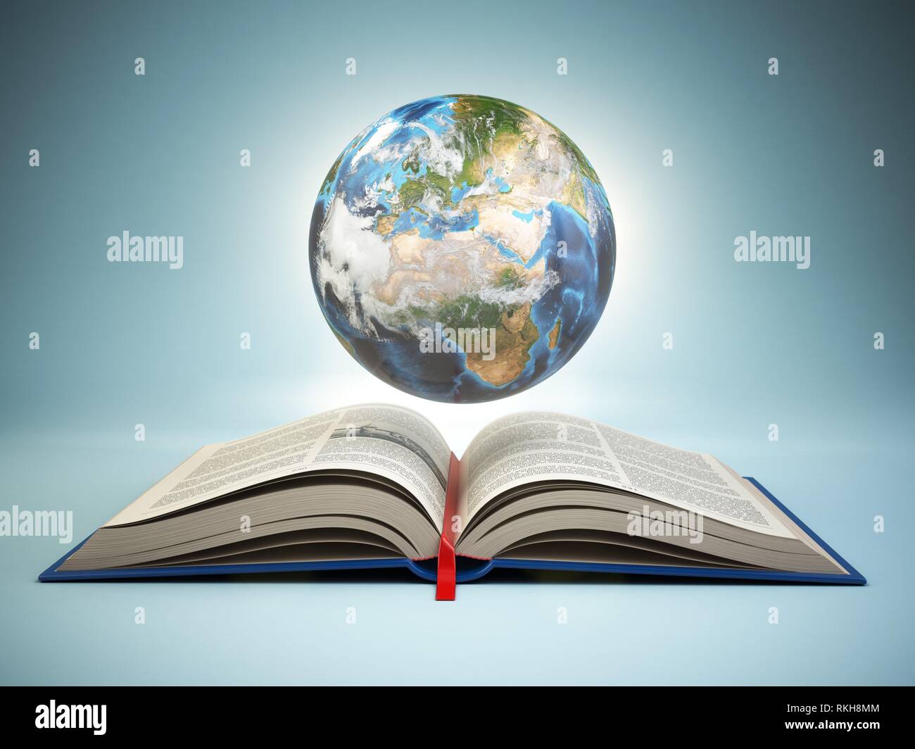 Opened book and Earth on blue background, Education concept. 3d ...