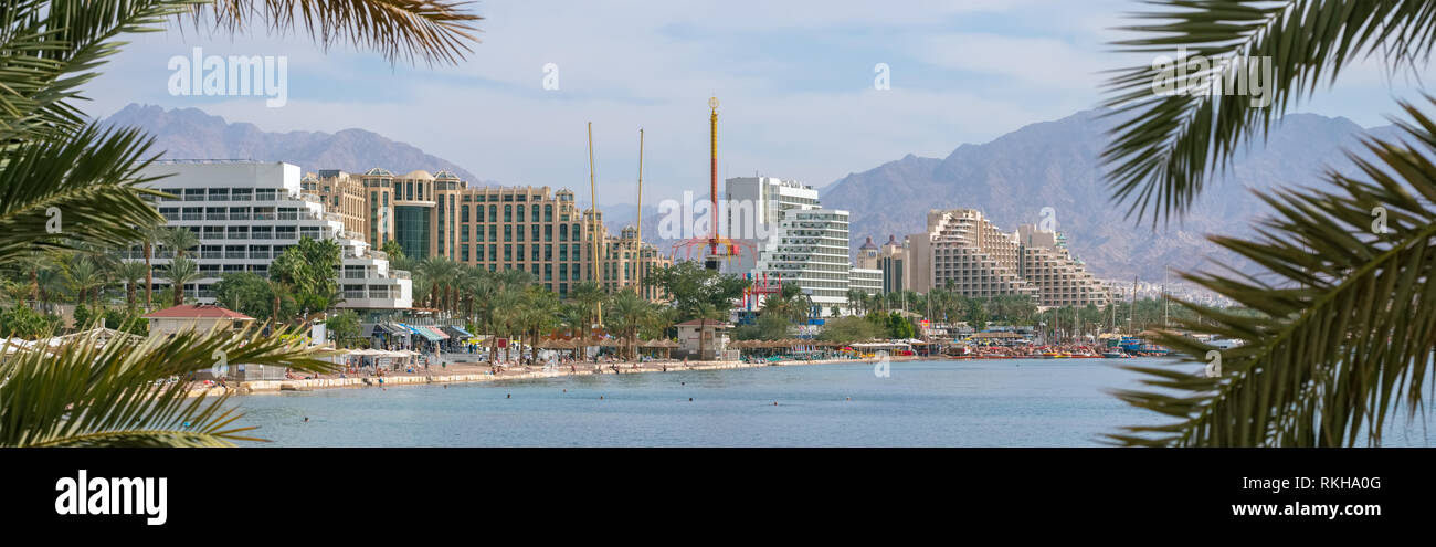 Panorama view of Eilat seafront. Eilat is a famous resort city on the ...