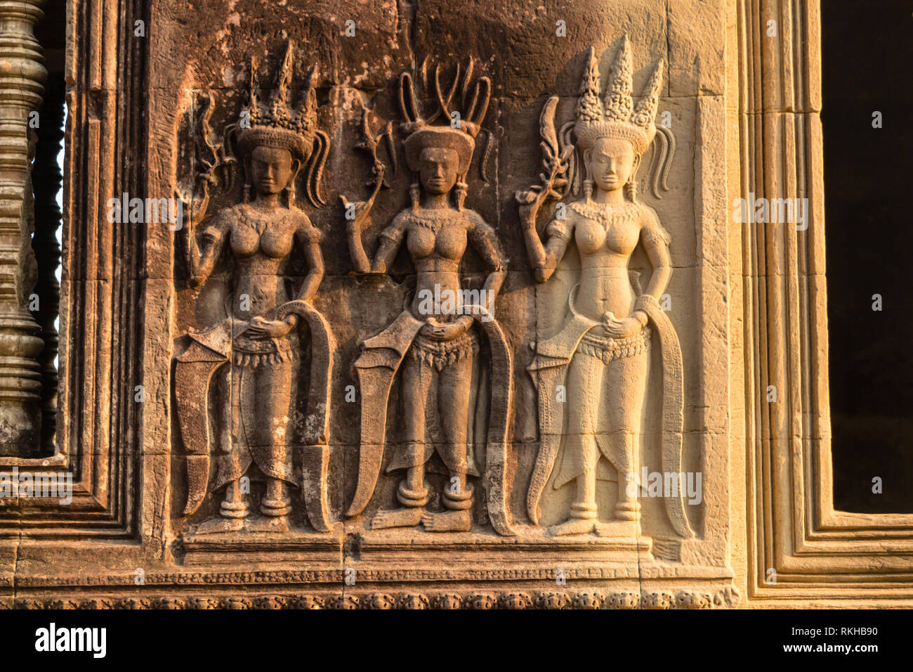 Ruins, temples and statues at sunrise depict Khmer Culture at Ta Prohm ...