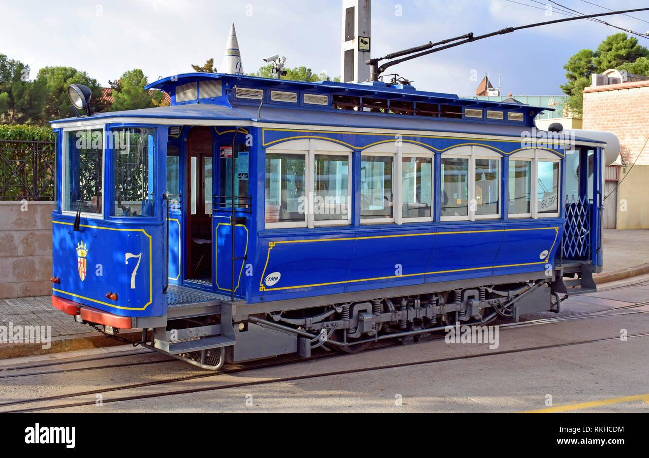 .Blue tram in Barcelona Stock Photo - Alamy
