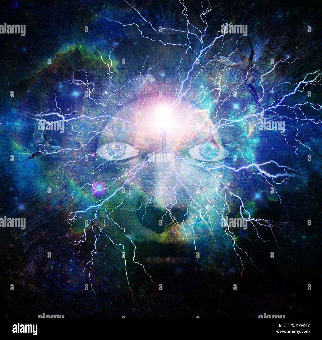 Surrealism. Woman's face in vivid universe Stock Photo - Alamy