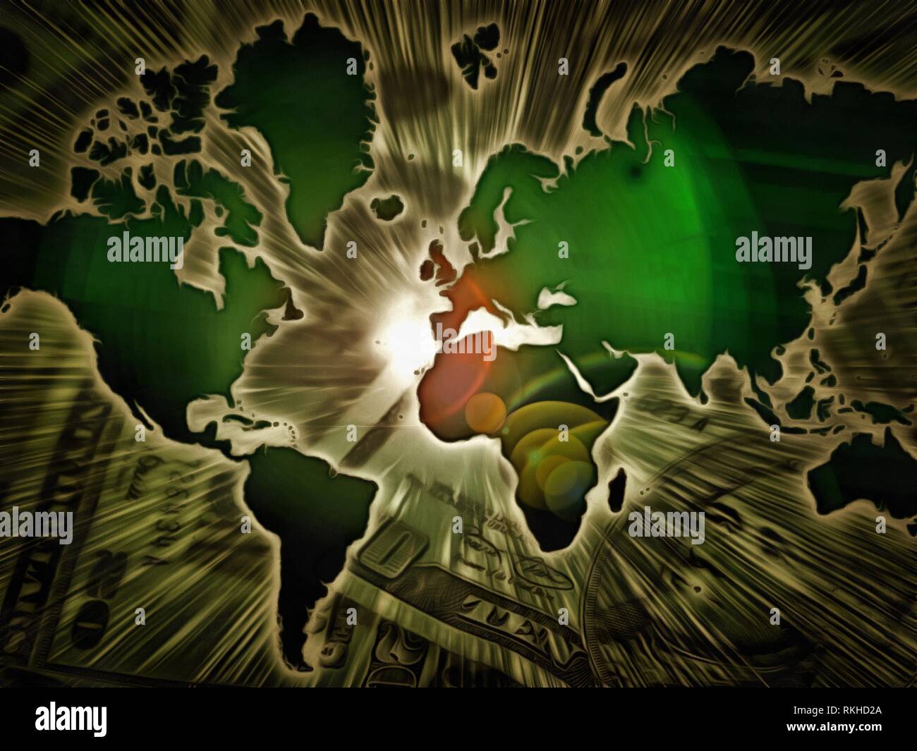 World map on a dollars background Stock Photo - Alamy