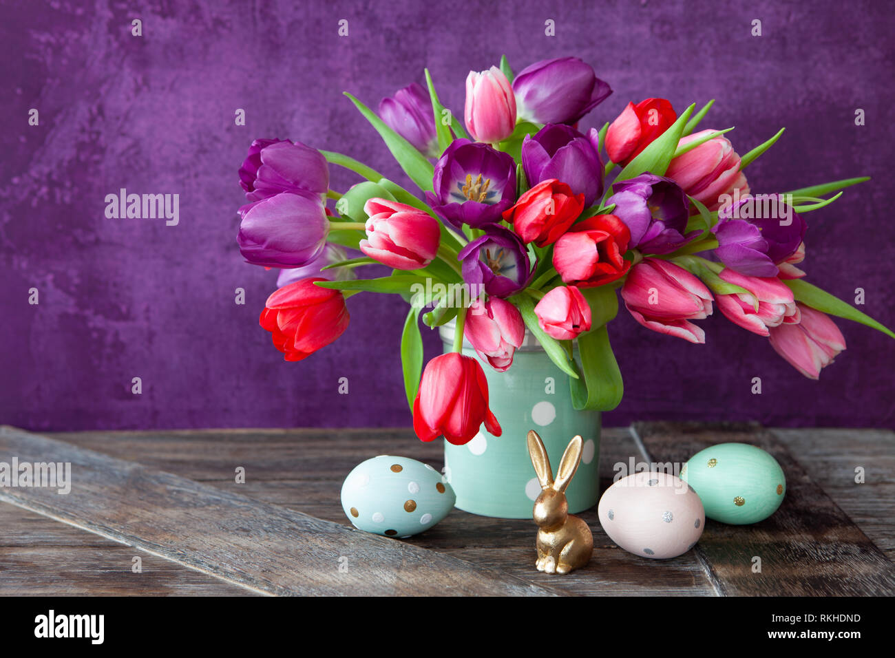 Colorful tulips in spring with easter decorations in front of purple ...