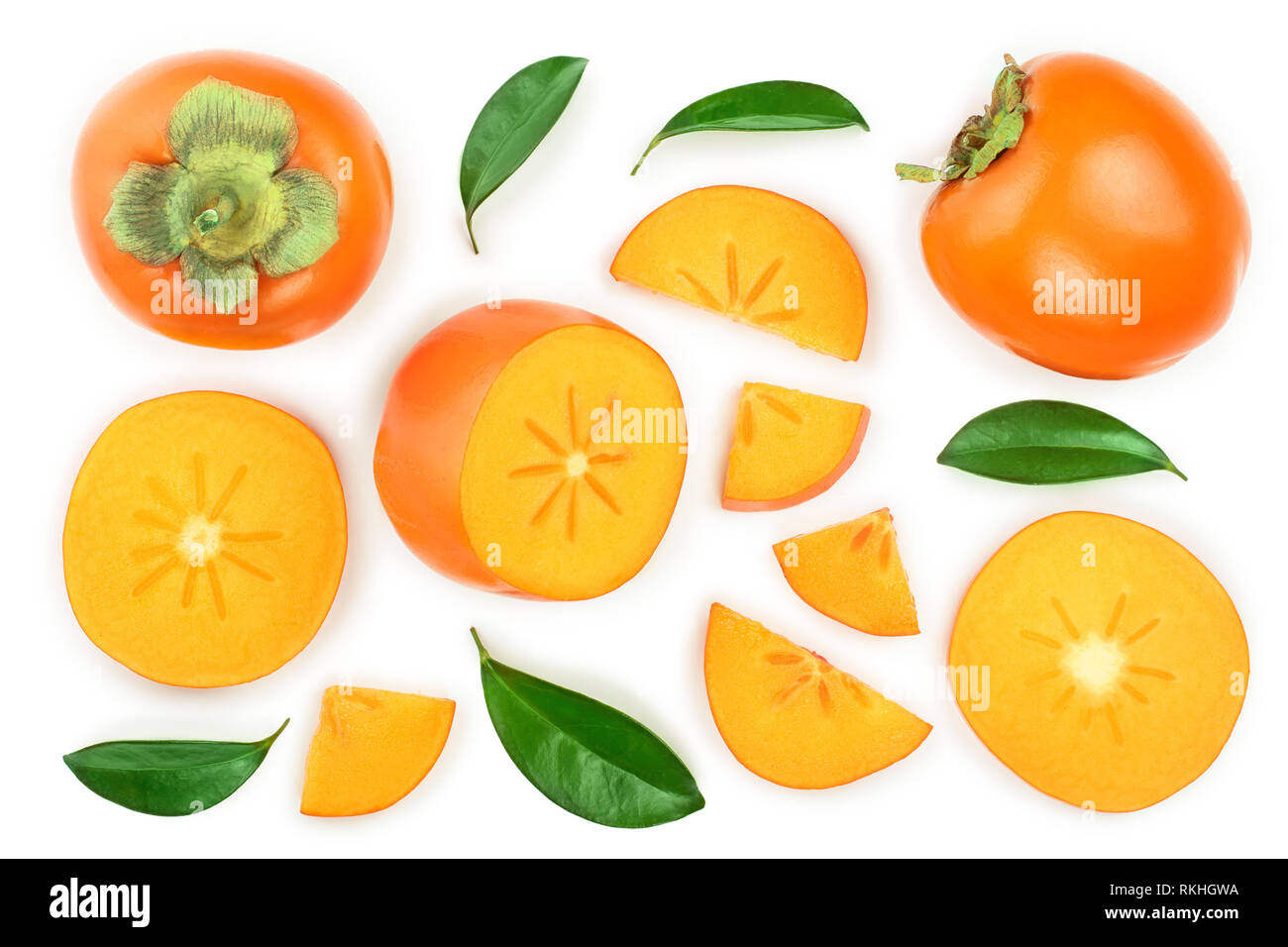 persimmon fruit slice with leaves isolated on white background. Top ...