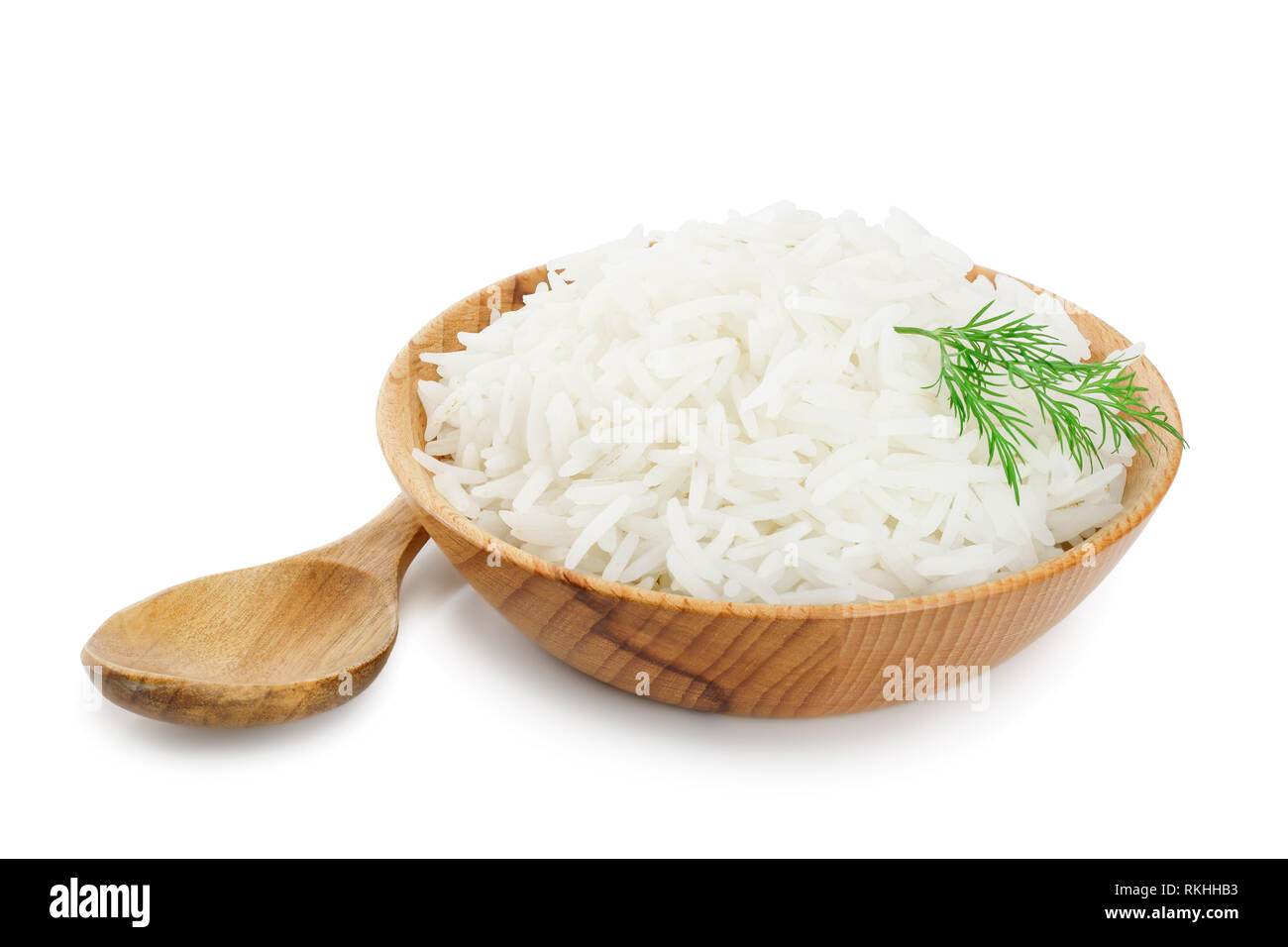 rice in a wooden bowl isolated on white background. Top view. Flat lay ...
