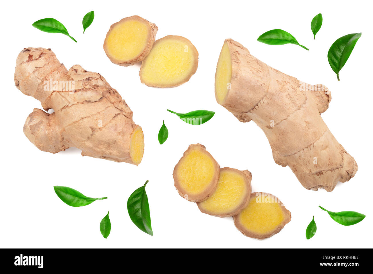 fresh Ginger root and slice isolated on white background. Top view ...