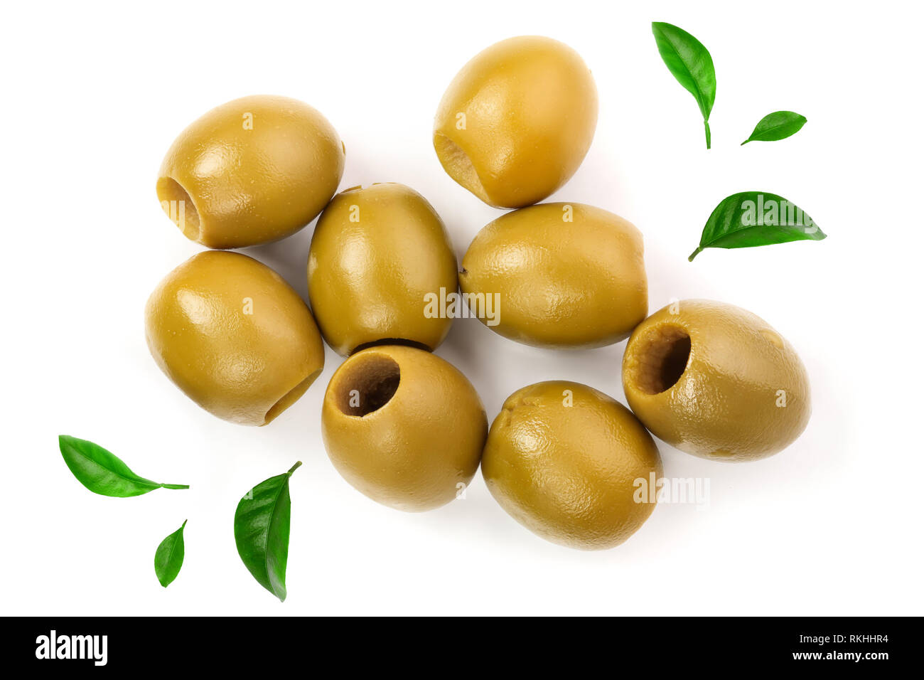 Green olives isolated on a white background. Top view. Flat lay Stock ...