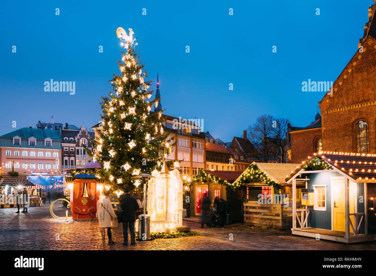 Riga, Latvia. Xmas Market On Dome Square. Christmas Tree And Trading ...