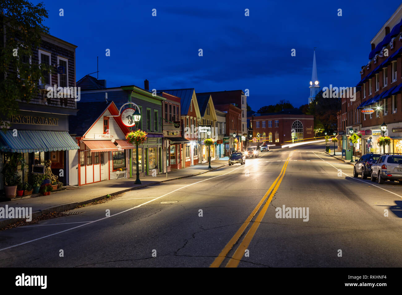 Camden, Maine, United States - October 23, 2018: Night view of a small ...