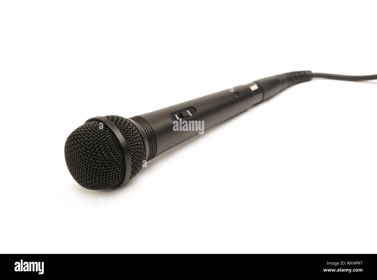 Long black studio vocal microphone with on button on body and wire ...