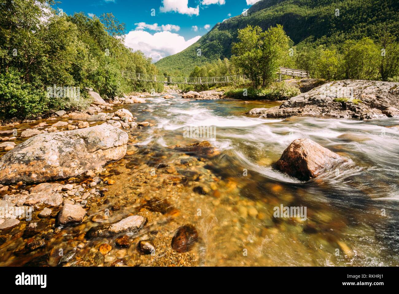 Norway Nature River. Sunny Summer Day, Landscape With Mountain, Pure ...