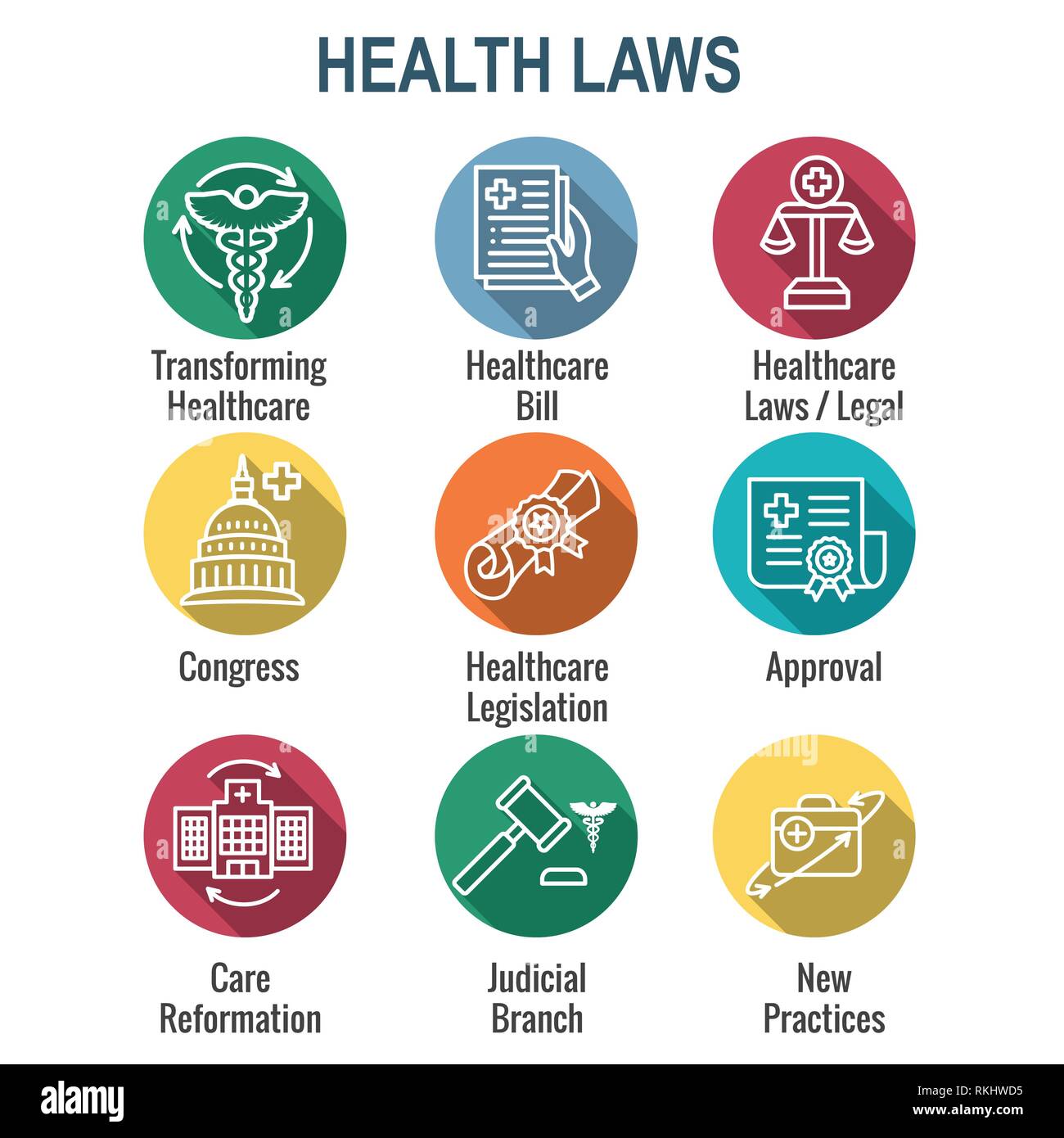 Health Laws and Legal icon set | various aspects of the legal system ...
