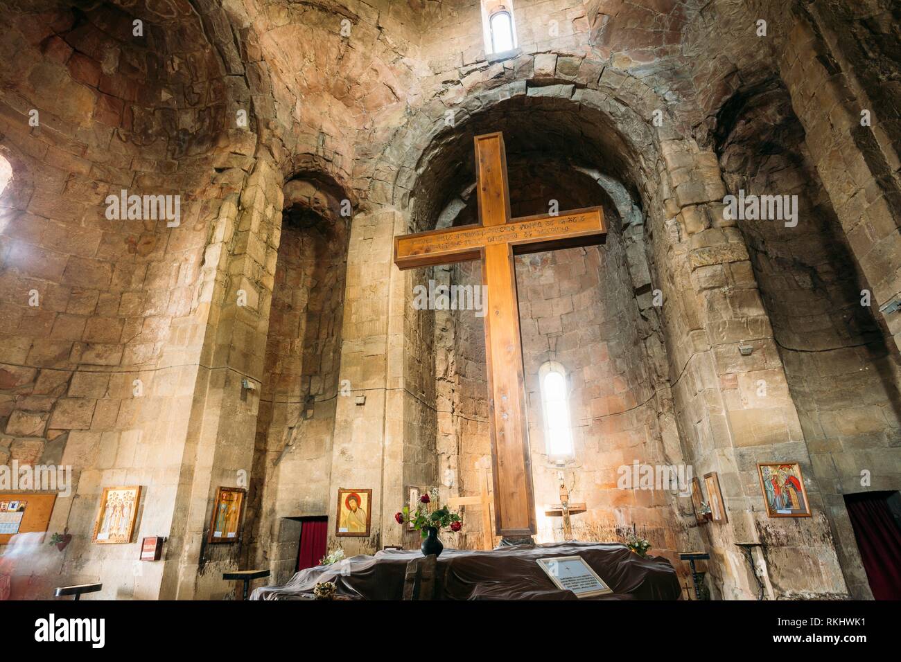 Big Wooden Cross In The Interior Of Jvari Church, Ancient Georgian ...