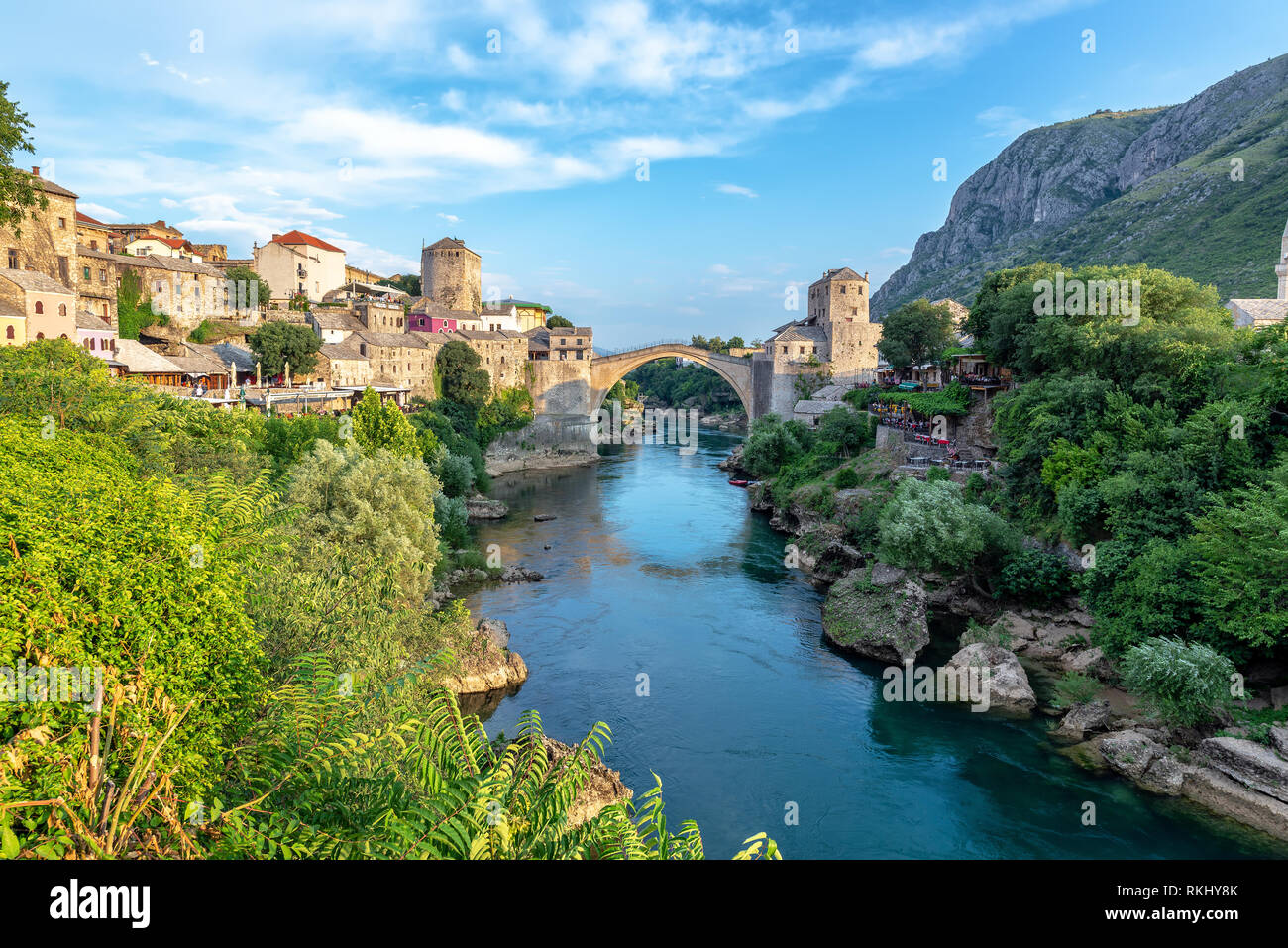 Neretva River with the Old Bridge in the background in Mostar, Bosnia ...