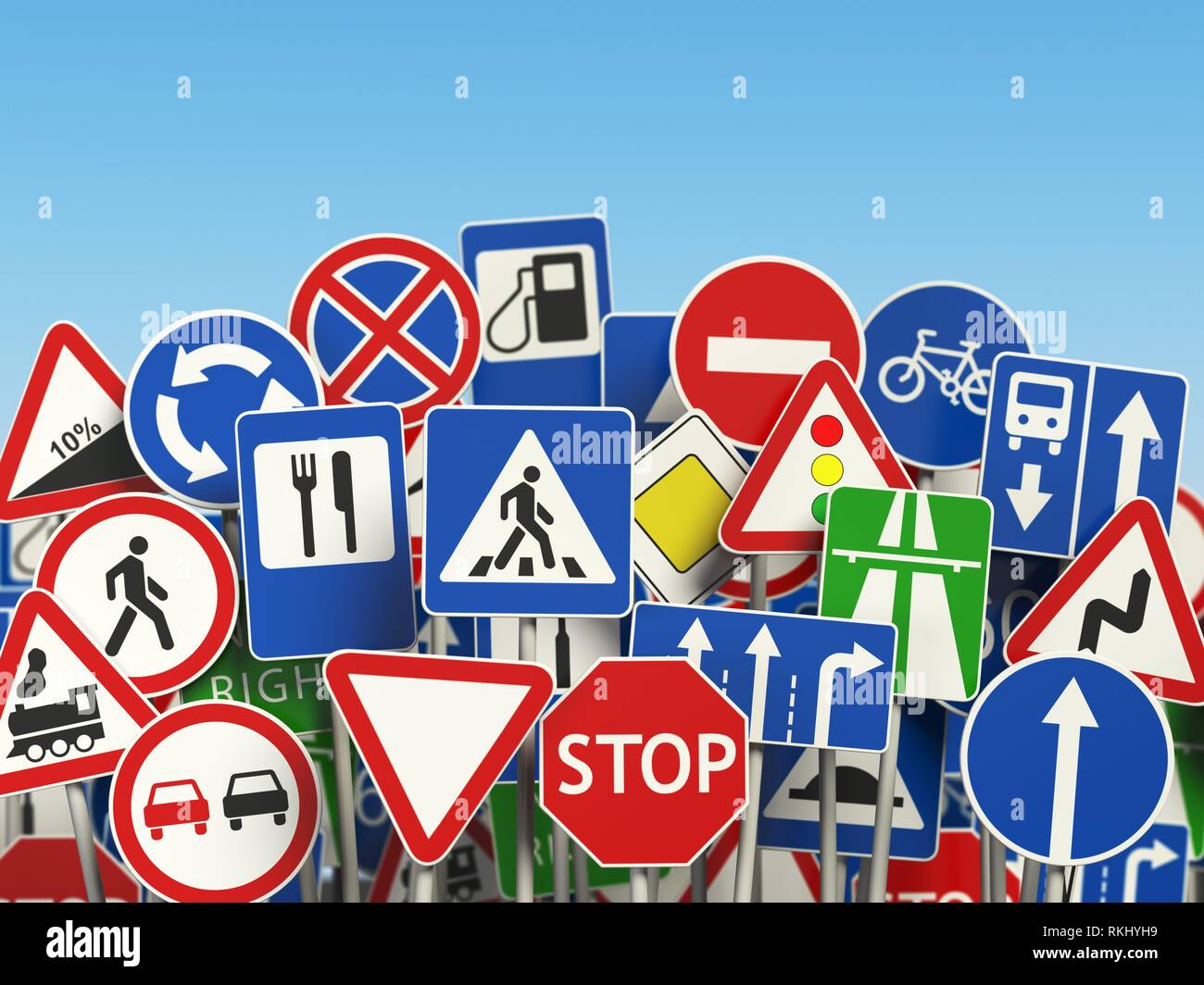 Traffic road signs on the sky background. 3d illustration Stock Photo ...