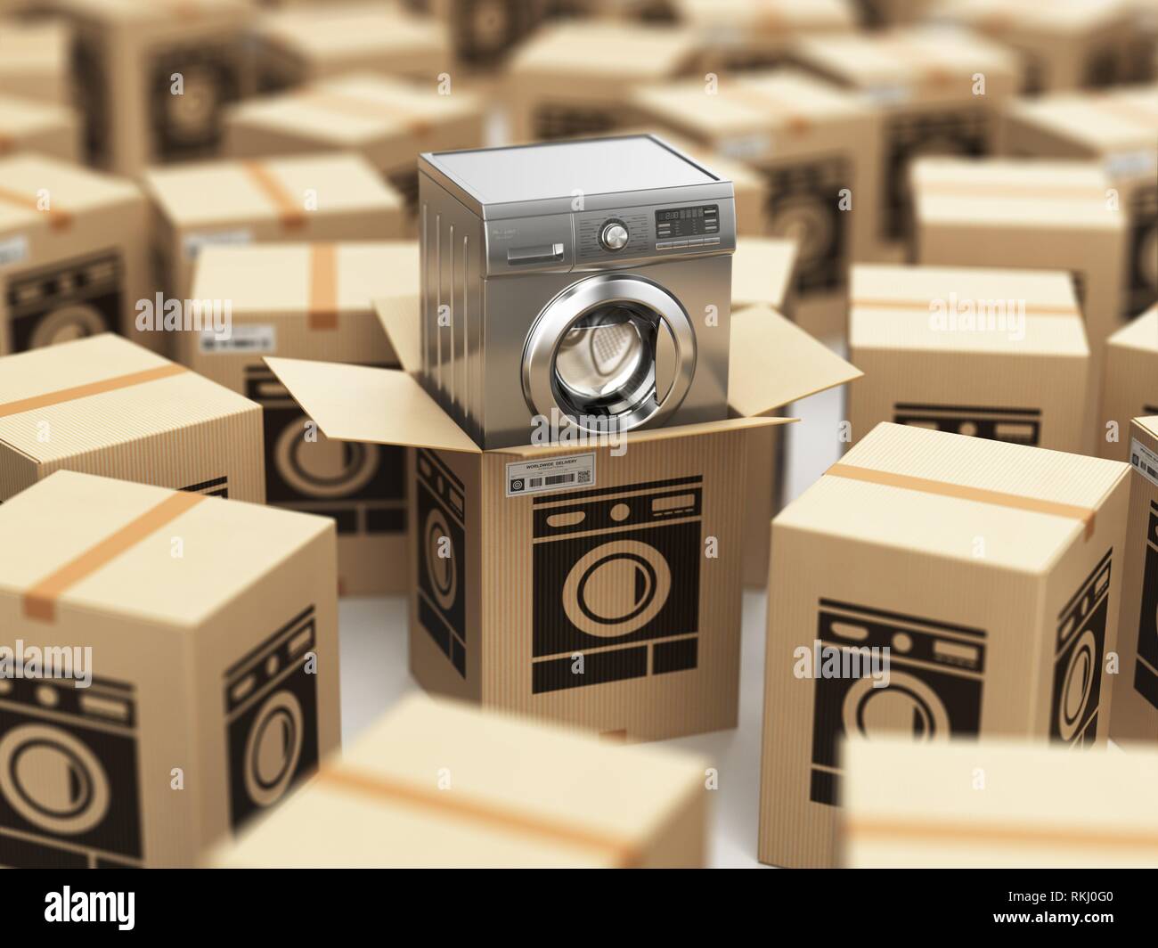 Washing machine in carton cardboard box. E-commerce, internet online ...