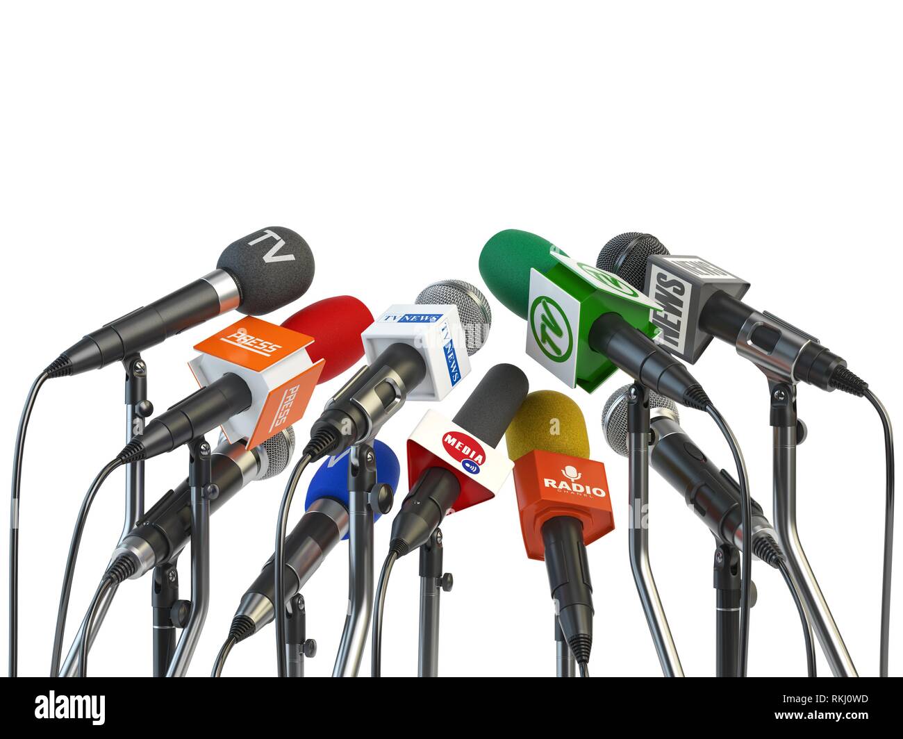 Microphones prepared for press conference or interview isolated on ...