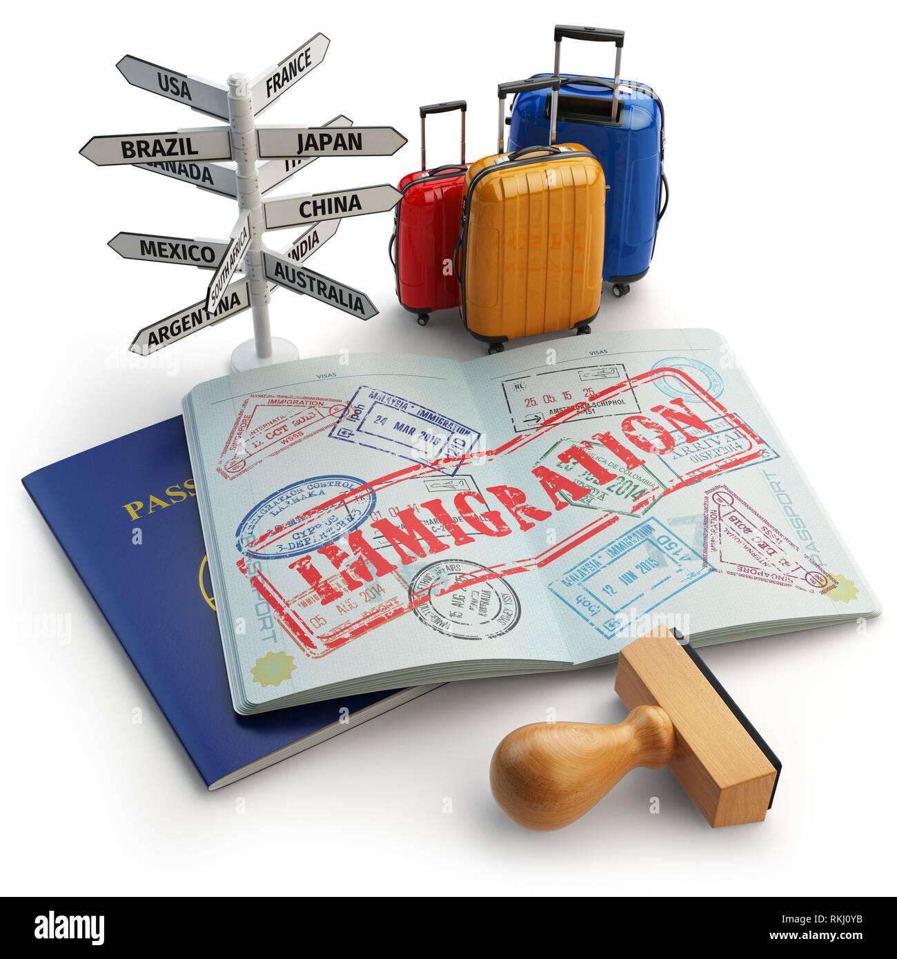 Immigration concept. Passport with stamps and visas, luggage and ...