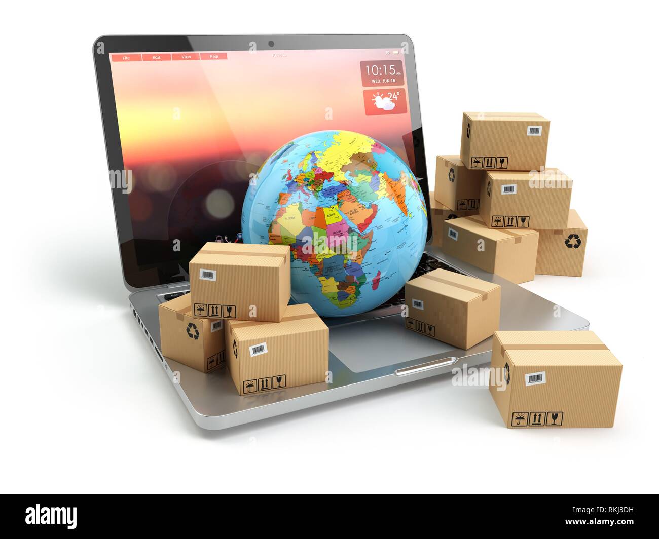 Shipping, delivery and logistic concept. Earth and cardboard boxes on ...