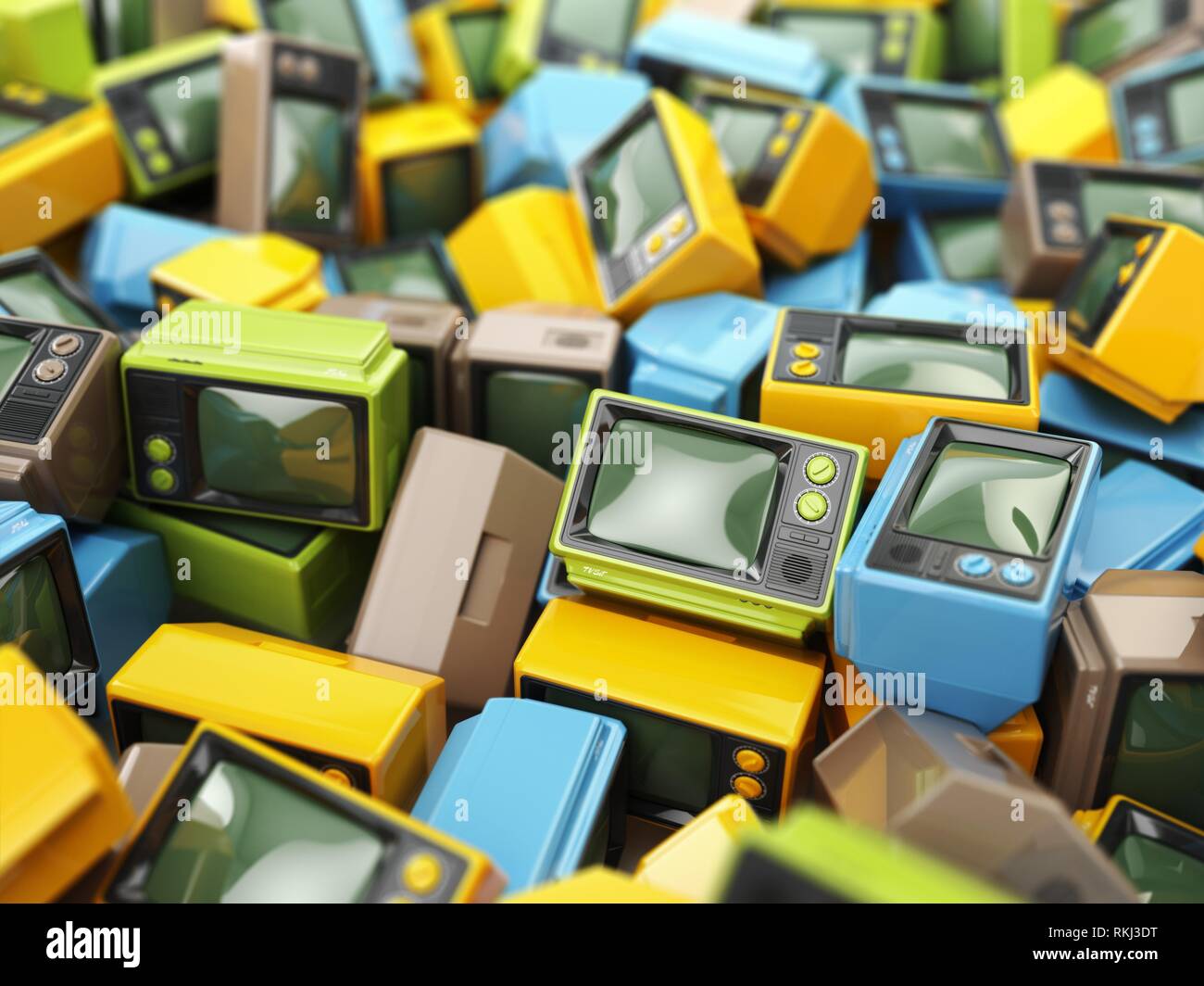 Heap of vintage tv. End of television. Conceptual background. 3d Stock ...