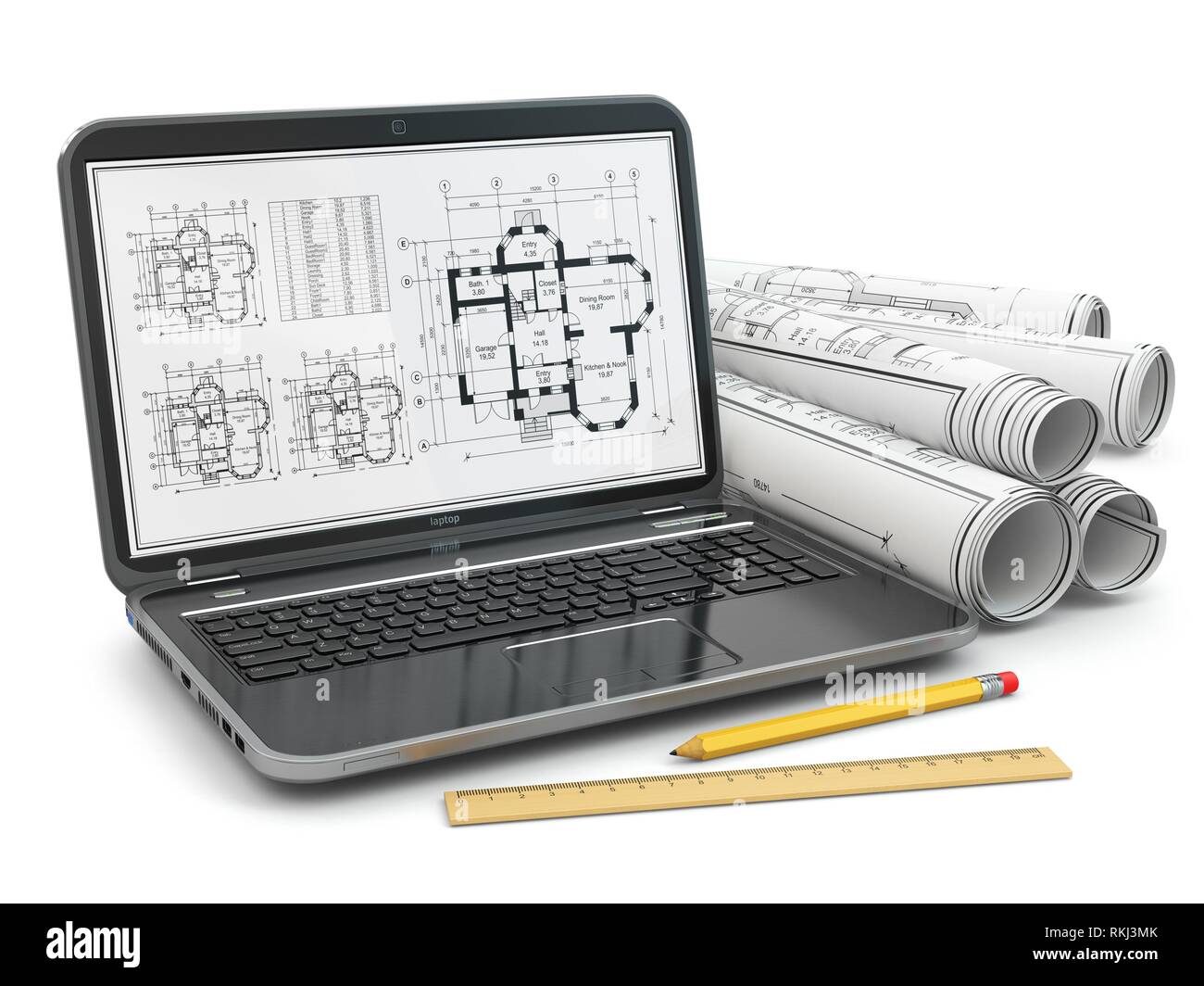 Laptop and blueprint with house project. 3d Stock Photo - Alamy
