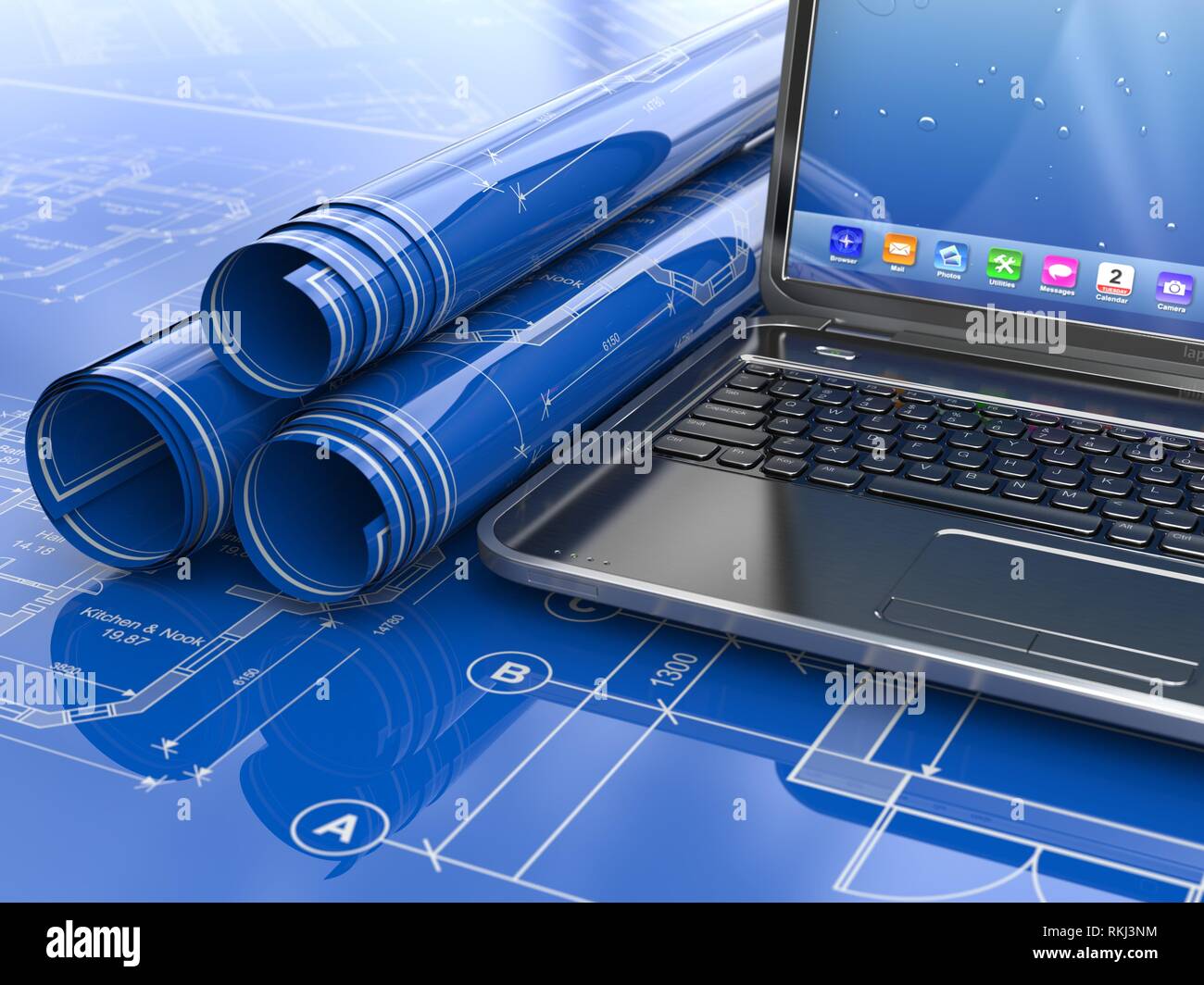 Laptop and blueprint with house project. 3d Stock Photo - Alamy
