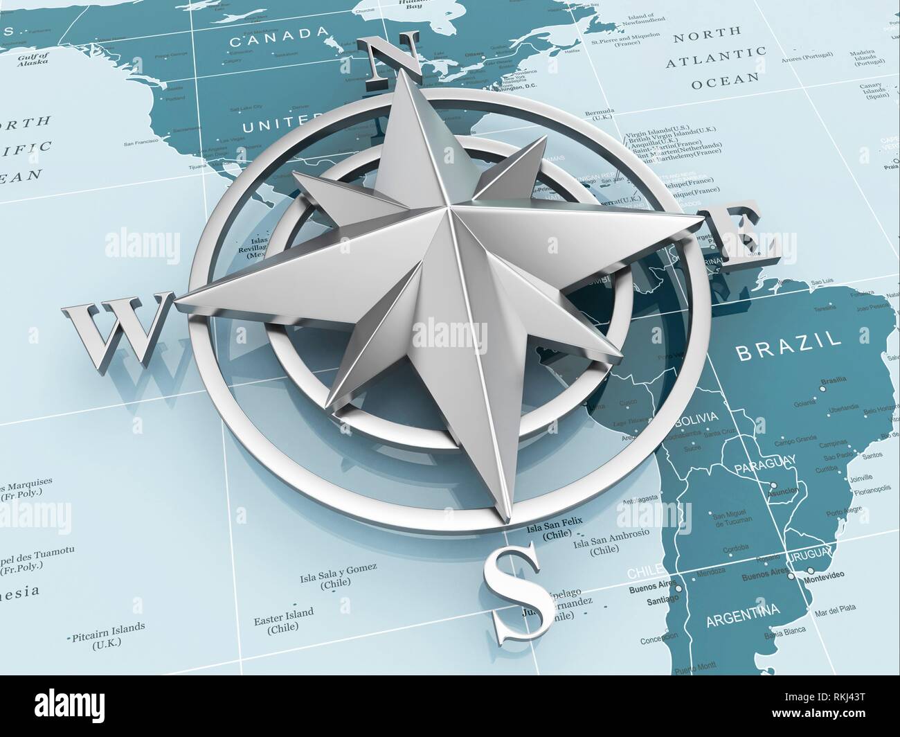 Navigation sign or compass on political map. 3d Stock Photo - Alamy