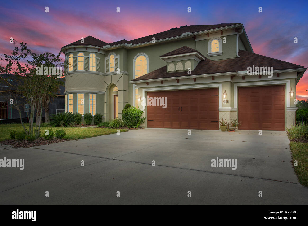 Luxury Home Exterior Dusk Dawn Night Lawn Sunset Interior Lights Turned ...