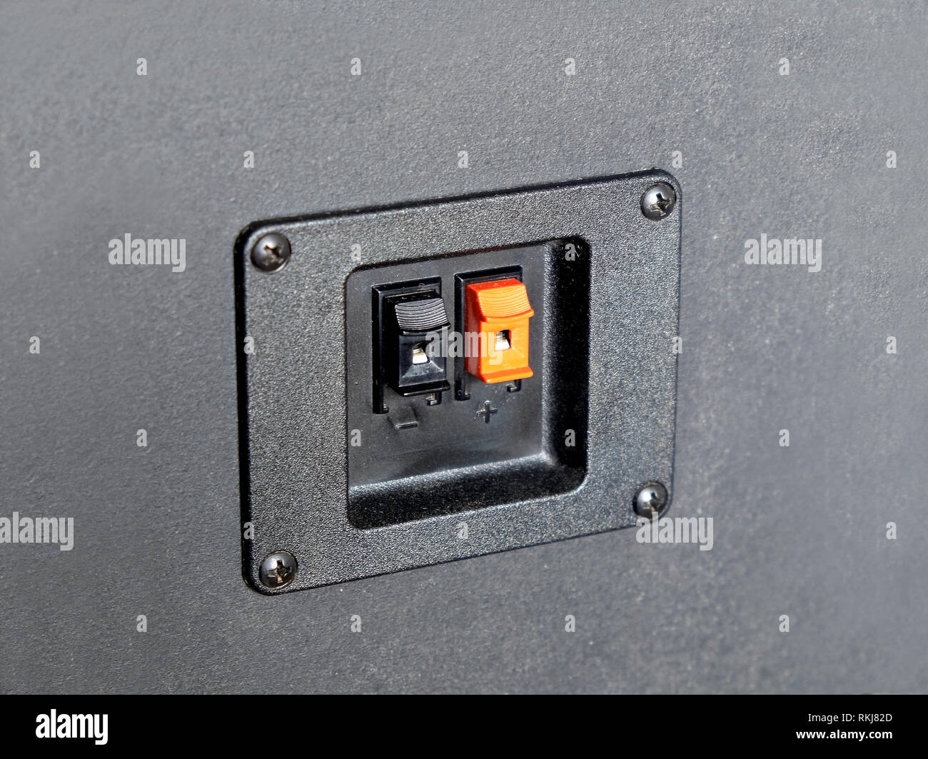 Cable connection sockets on rear side speaker system boxes side view ...