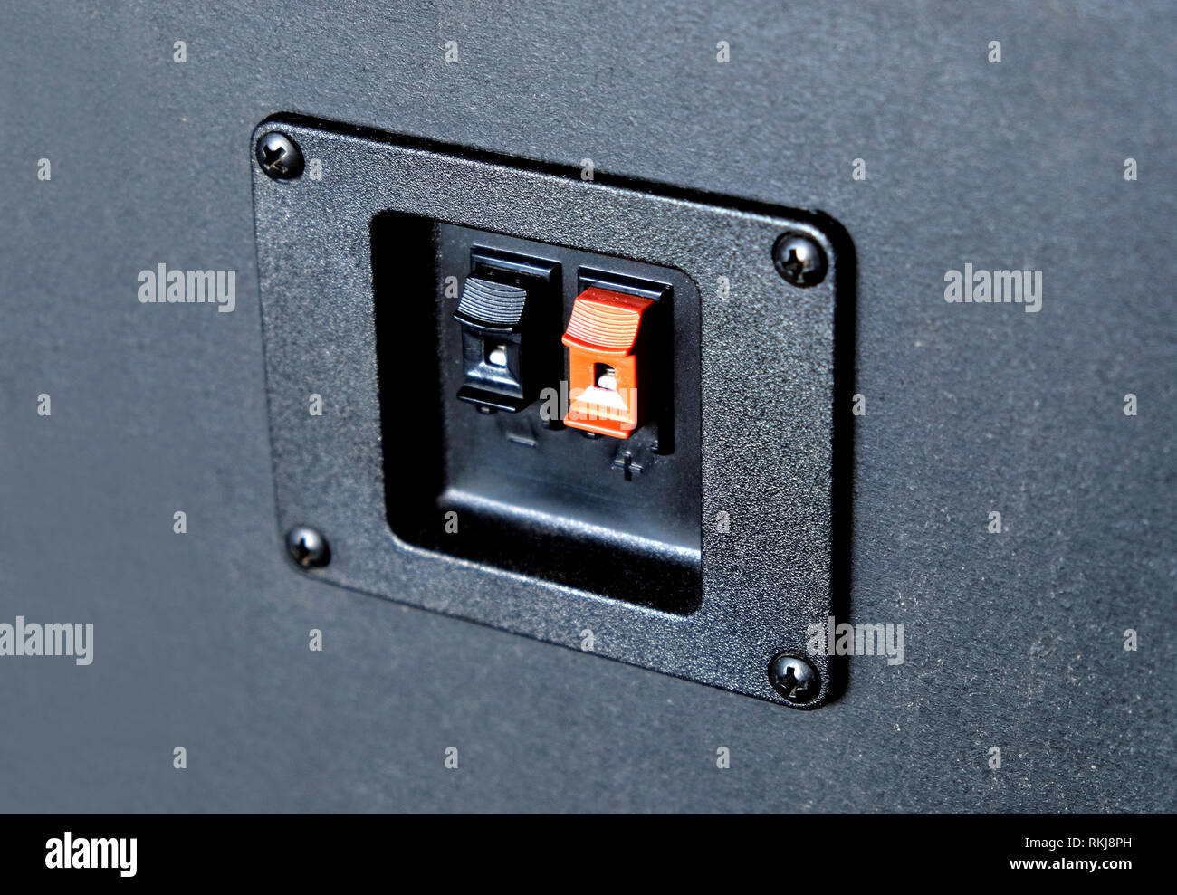 Cable connection sockets on rear side speaker system boxes side view ...