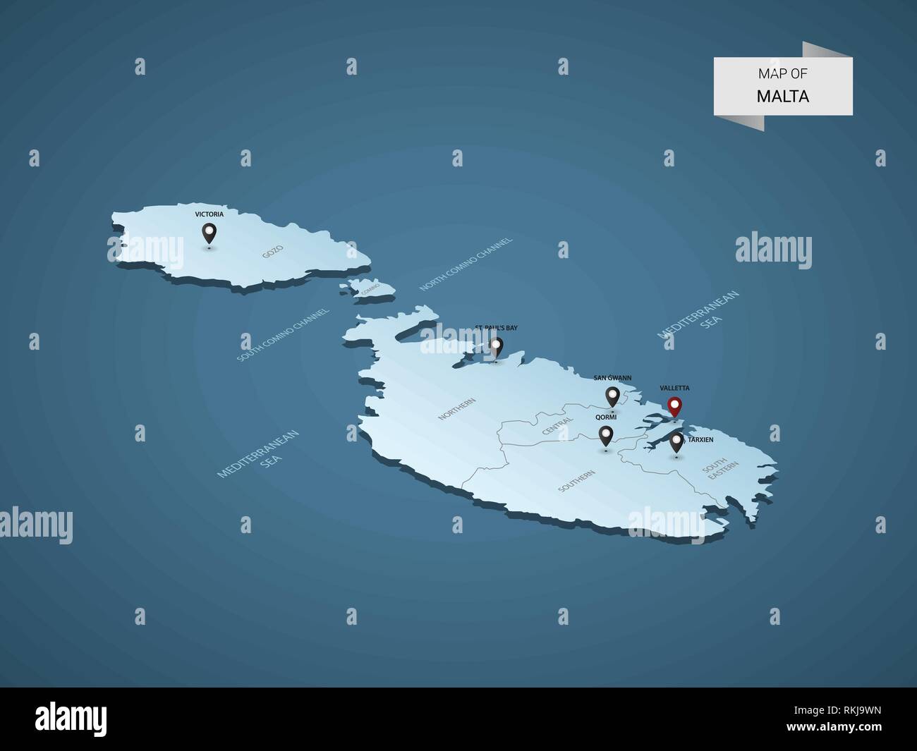 Isometric 3D Malta map, vector illustration with cities, borders ...