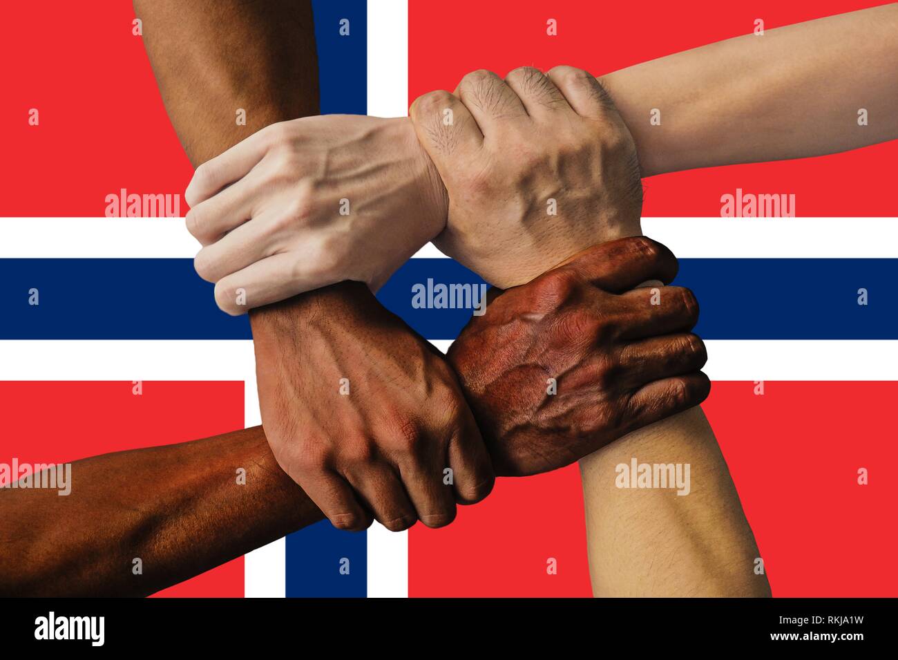 Norway flag, intergration of a multicultural group of young people ...